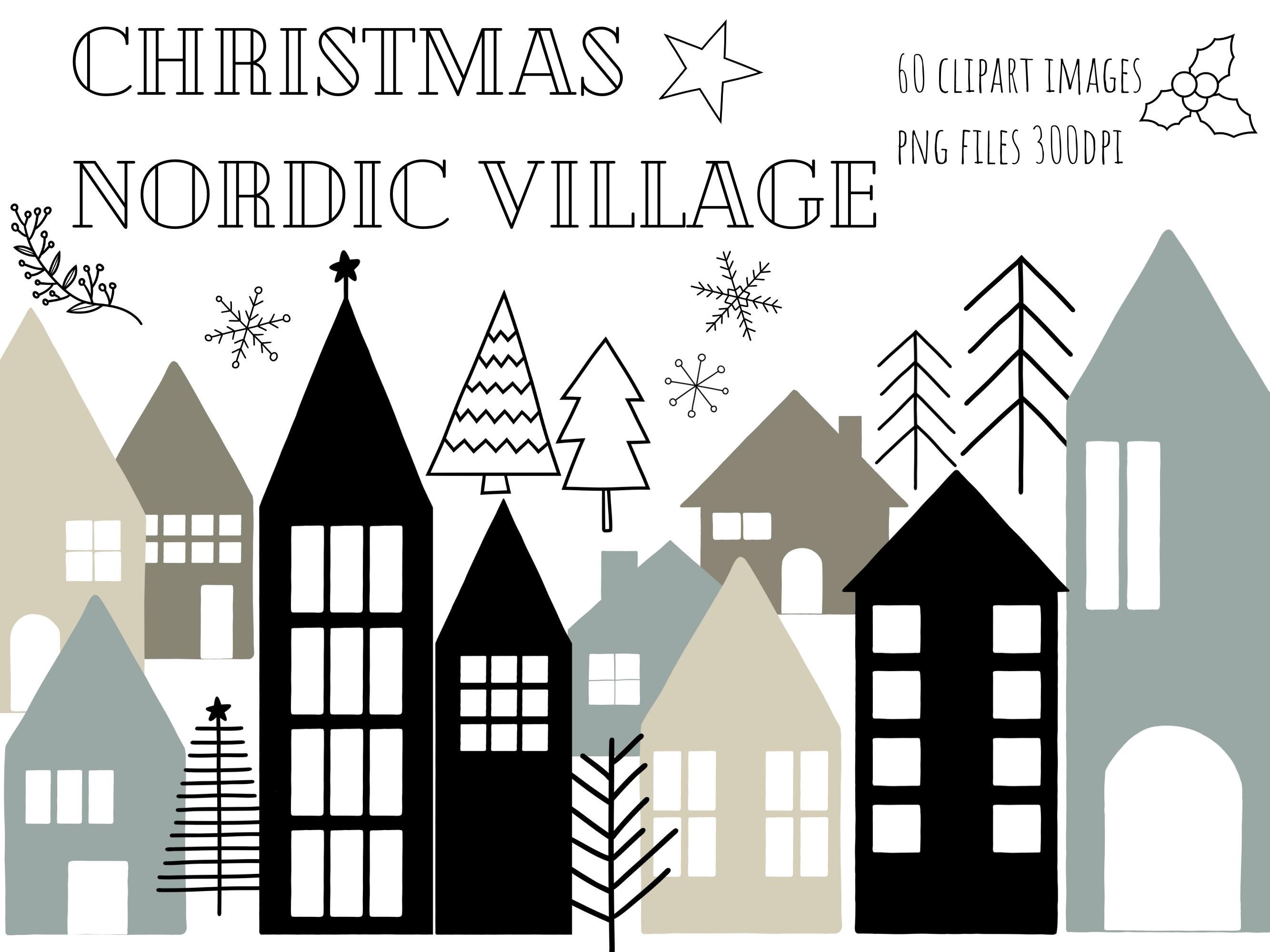 Christmas Village Clipart, Winter Village Clipart, Nordic Houses ...