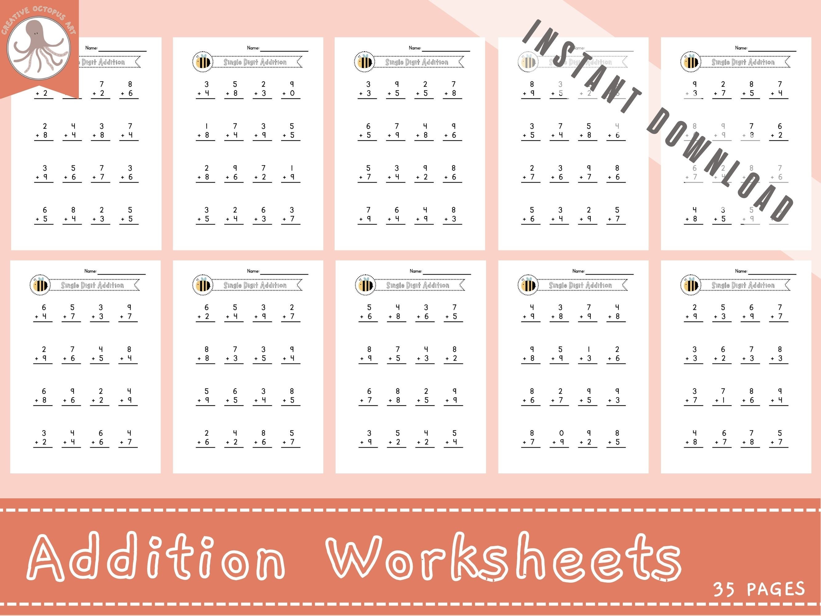 Addition Worksheets Single Digit Addition Kindergarten Worksheets ...