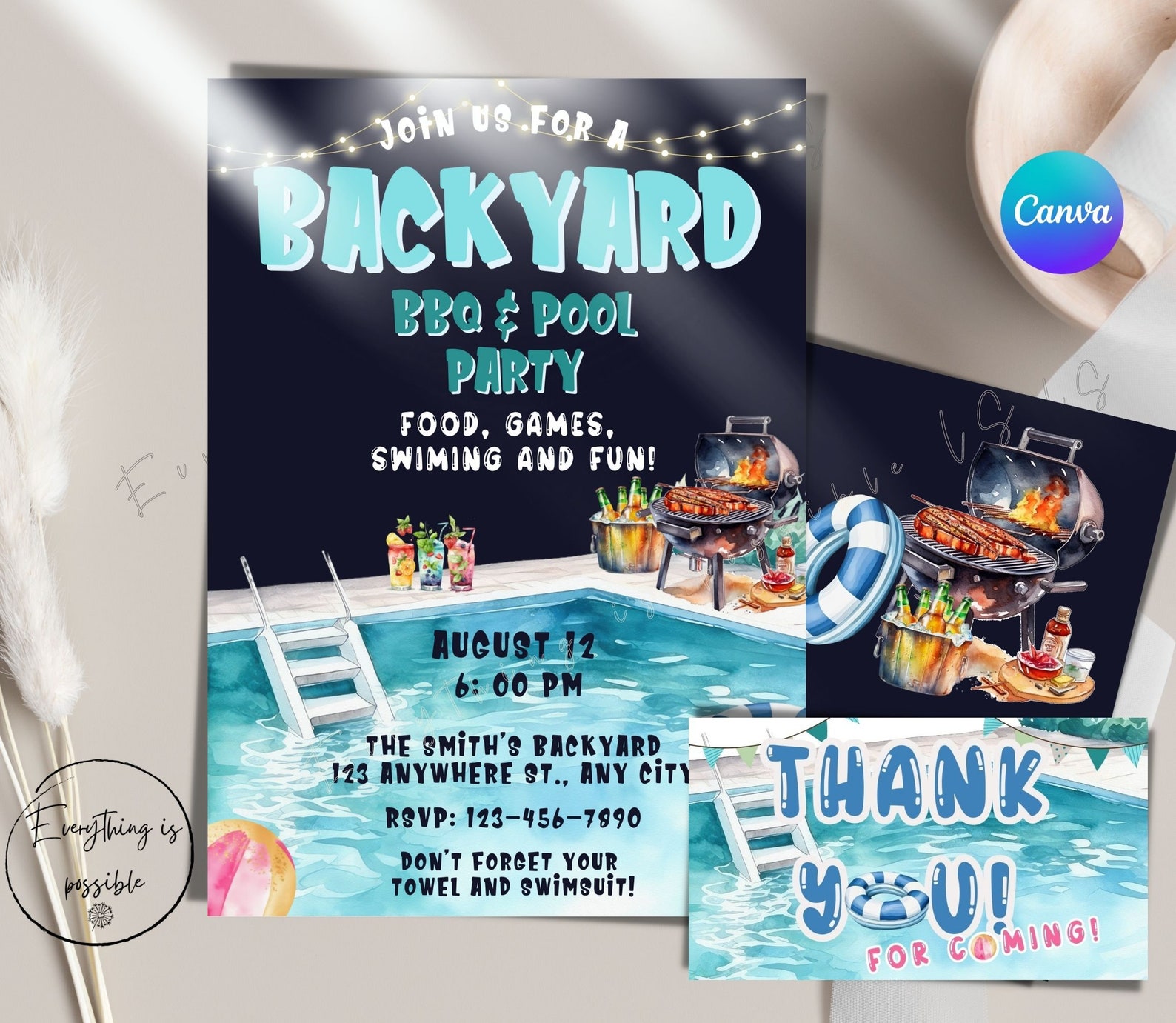 BBQ and Pool Party Printable Invitation, Summer Party Invite, Digital ...