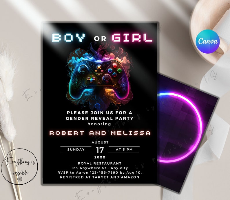 Neon Gamer Gender Reveal Invitation: Gaming Baby Shower (digital ...