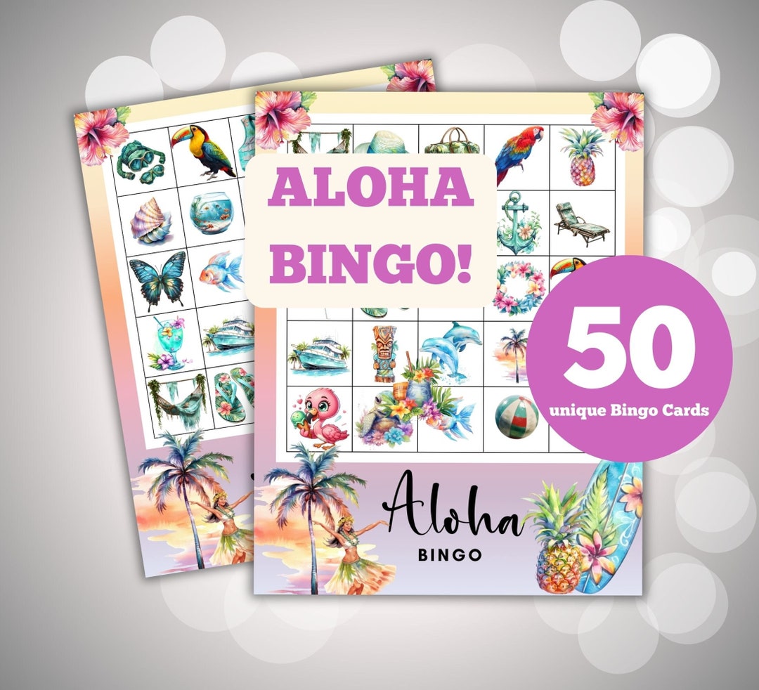 Aloha Bingo, Luau Bingo, Hawaiian Bingo, 50 Printable Luau Bingo Cards ...
