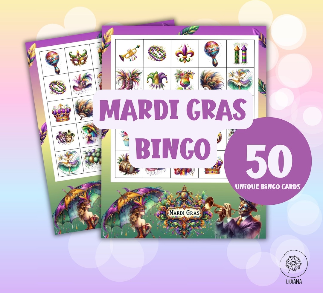 Mardi Gras Bingo 50 Bingo Cards Printable Party Activity Instant ...