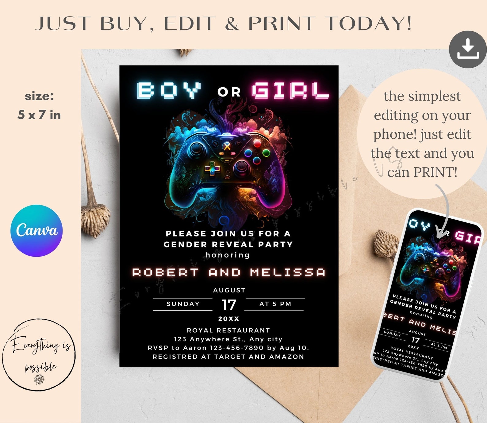 Neon Gamer Gender Reveal Invitation: Gaming Baby Shower (digital ...