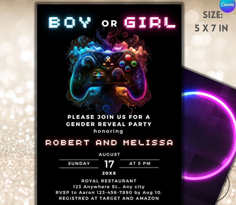 Neon Gamer Gender Reveal Invitation: Gaming Baby Shower (digital ...