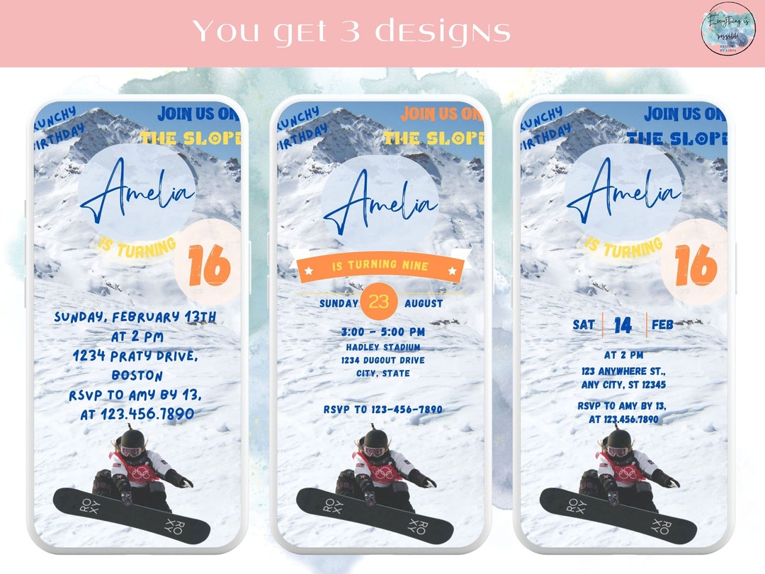 Digital Skiing Birthday Invitation, Snowboard Invite, Aspen Ski, Cell ...