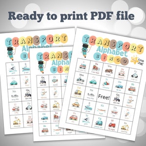 Transport Alphabet Bingo for Home School, Watercolor Car Bingo Birthday ...