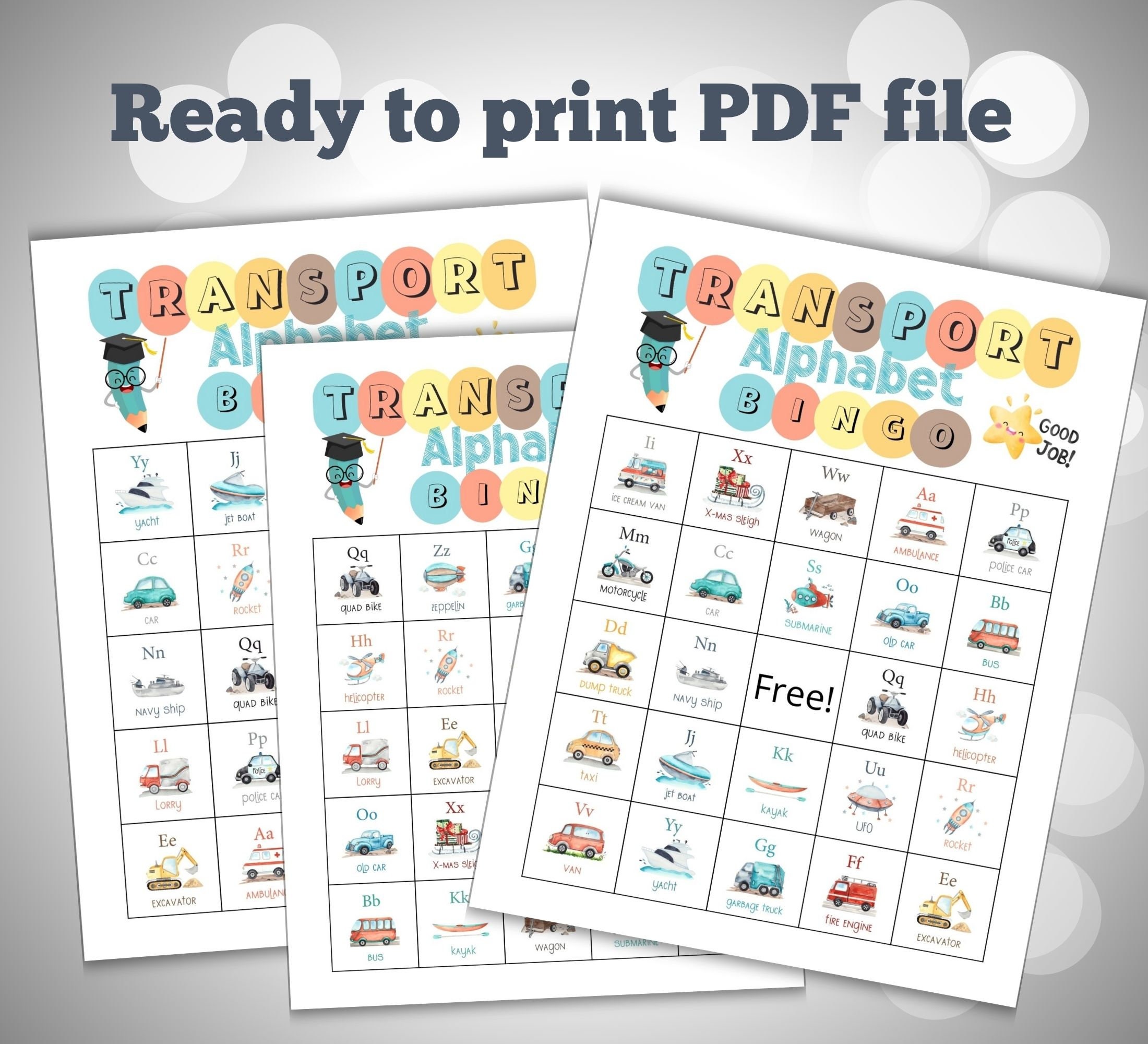 Transport Alphabet Bingo for Home School, Watercolor Car Bingo Birthday ...