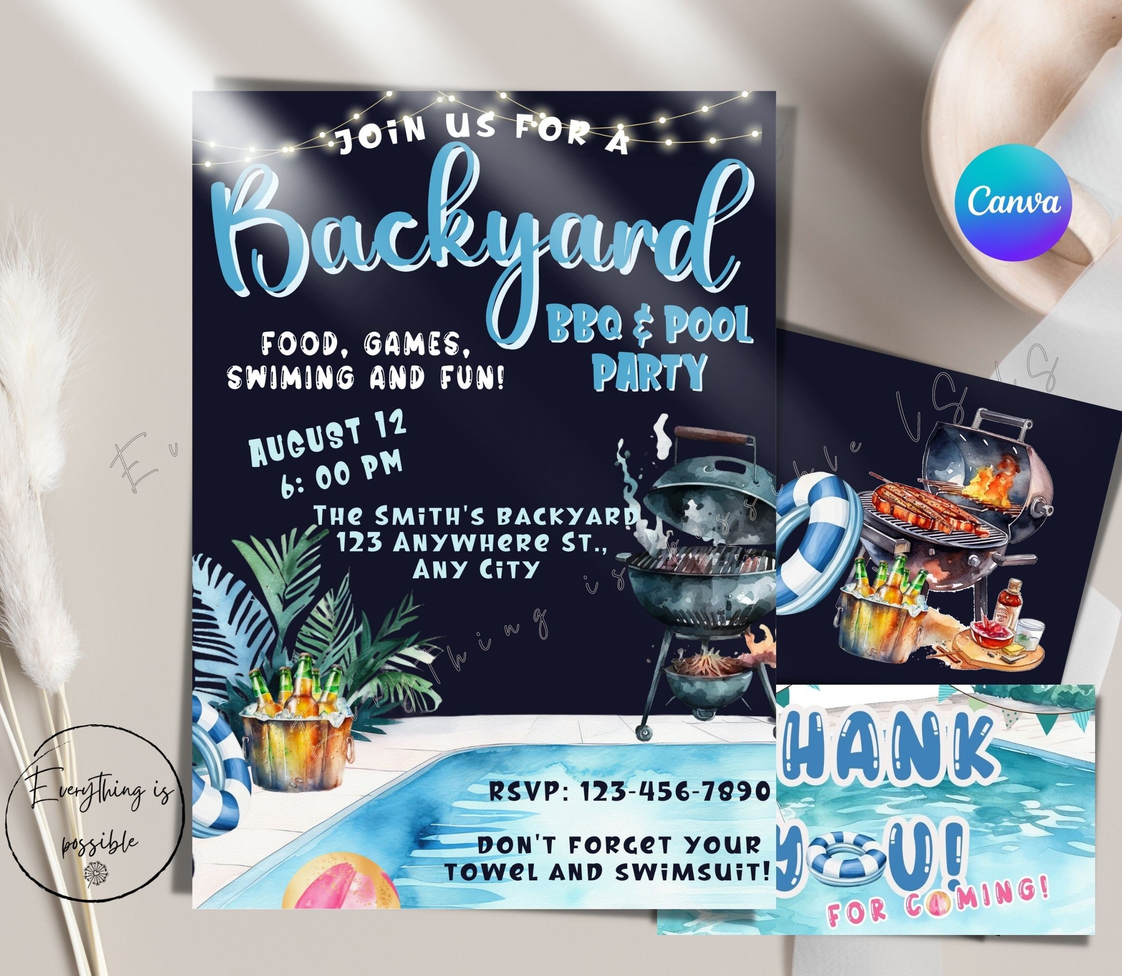 BBQ and Pool Party Printable Invitation, Summer Party Invite, Digital ...