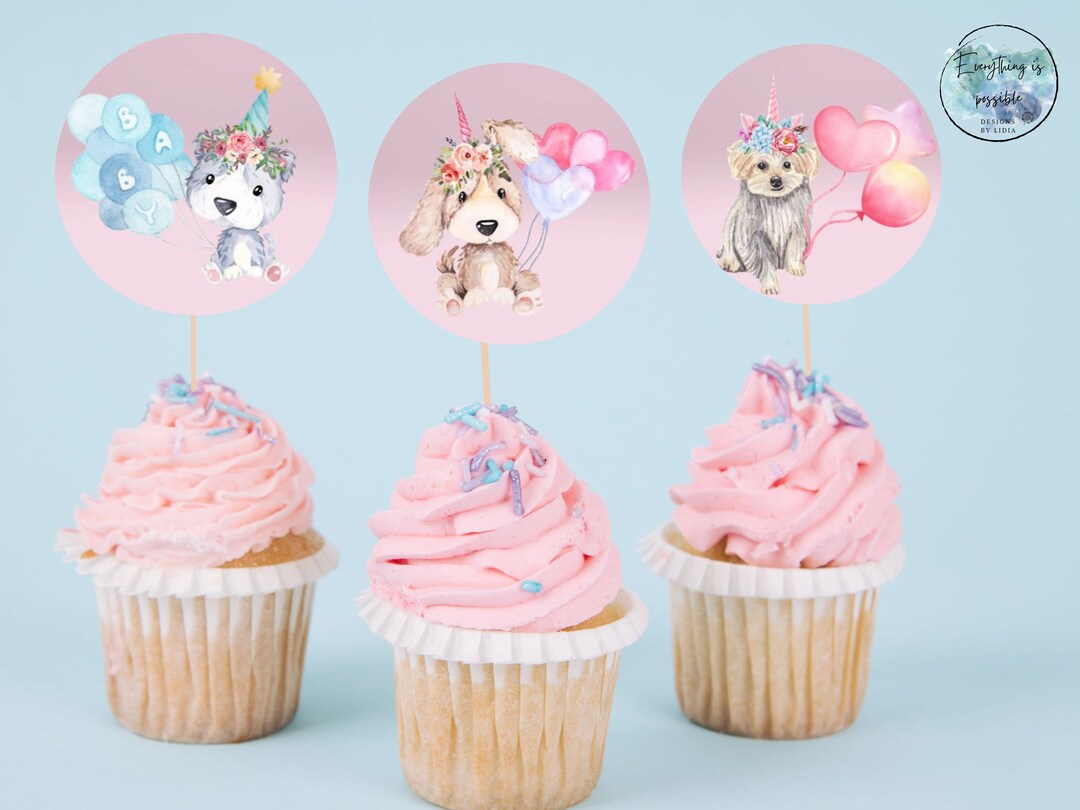 Dog Birthday Cupcake Toppers, Puppies Party Table Decor, Printable ...