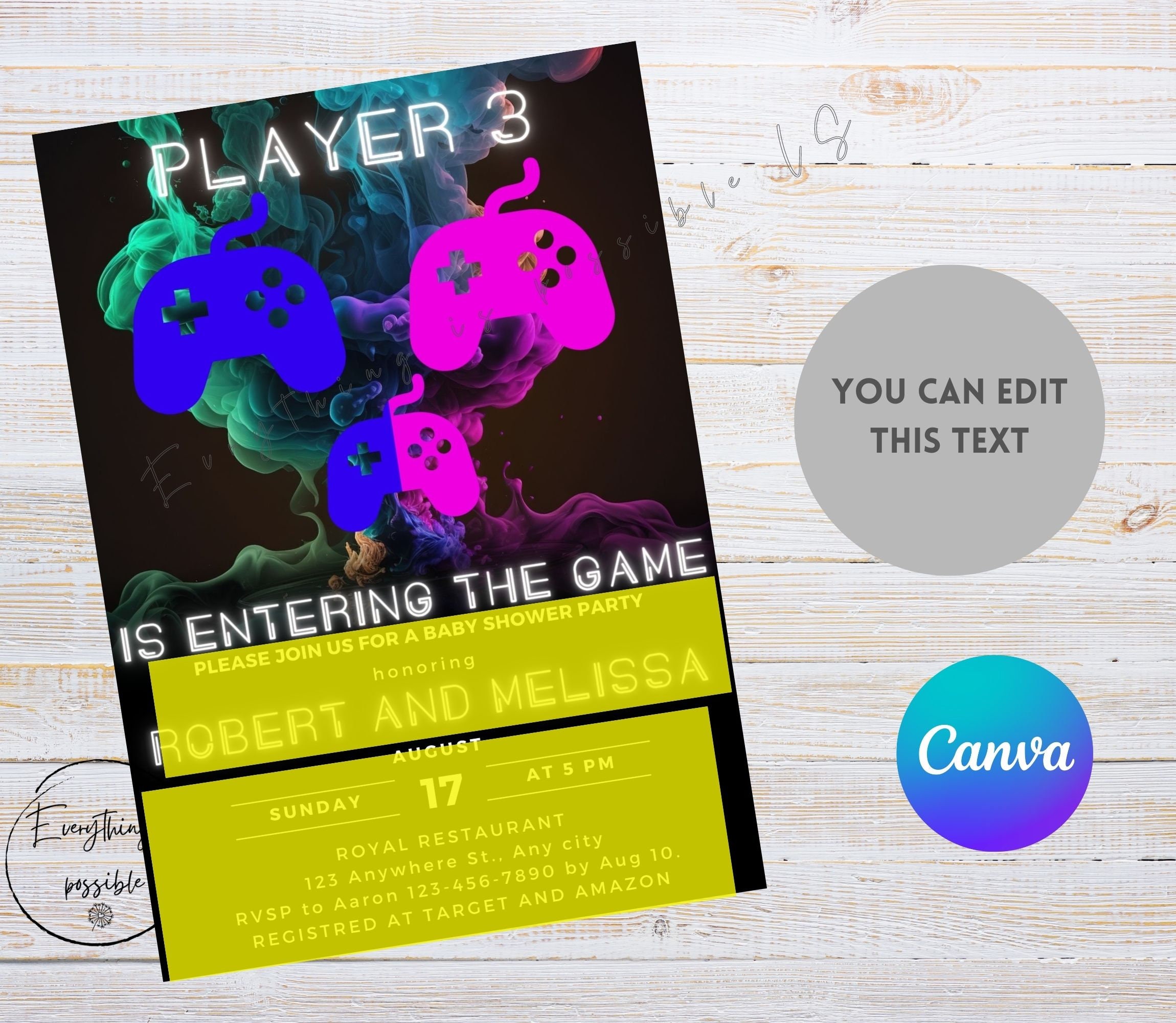 Neon Gamer Gender Reveal Invitation, Gaming Baby Shower, Player Gender ...