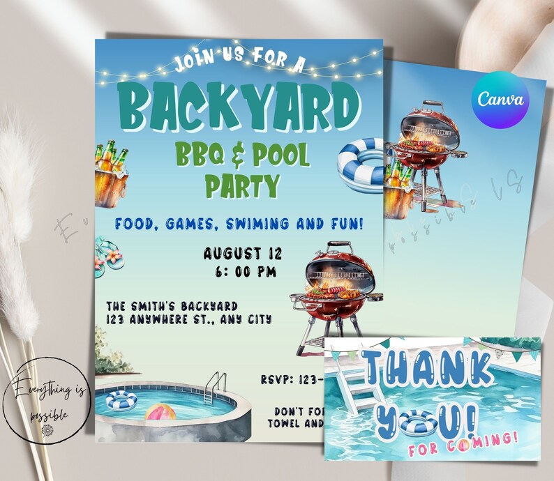 BBQ and Pool Party Printable Invitation, Summer Party Invite, Digital ...