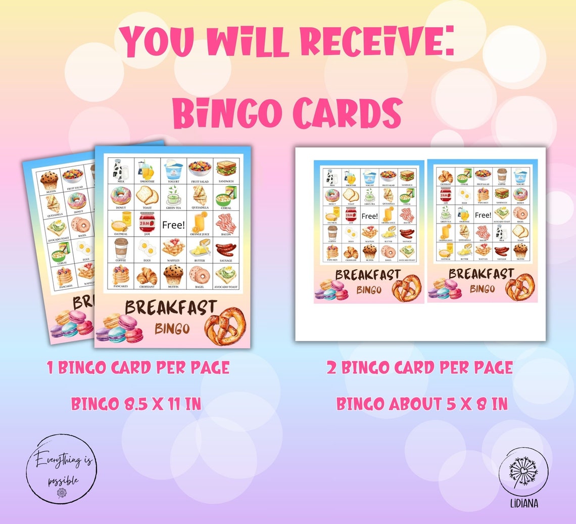 50 Breakfast Bingo Cards Printable Game, Sunday Brunch Bingo Board Game ...