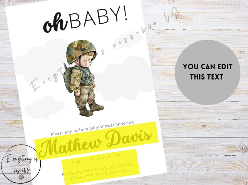 Army Themed Baby Shower Invite, Military Baby Shower Inviation, Camo ...