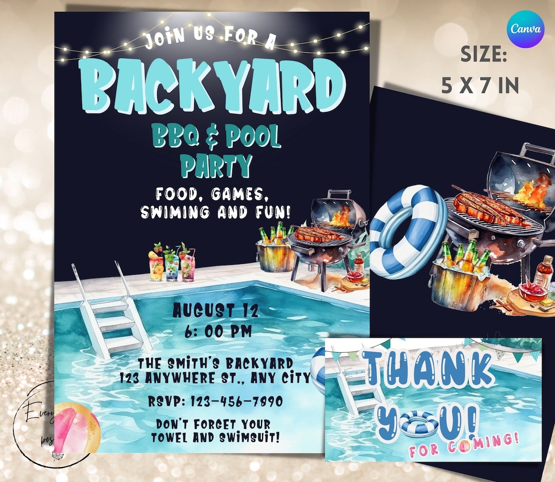 BBQ and Pool Party Printable Invitation, Summer Party Invite, Digital ...