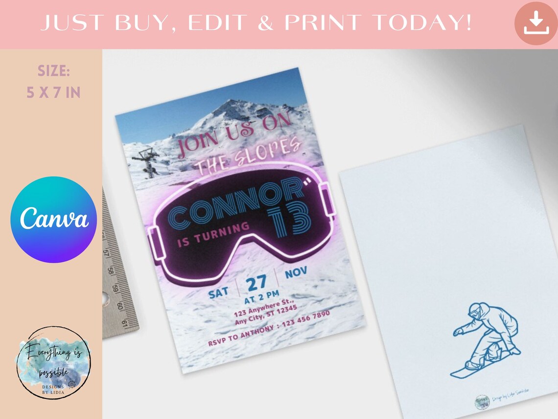 Skiing Birthday Invitation, Snowboard Invite, Aspen Ski, Teenager ...