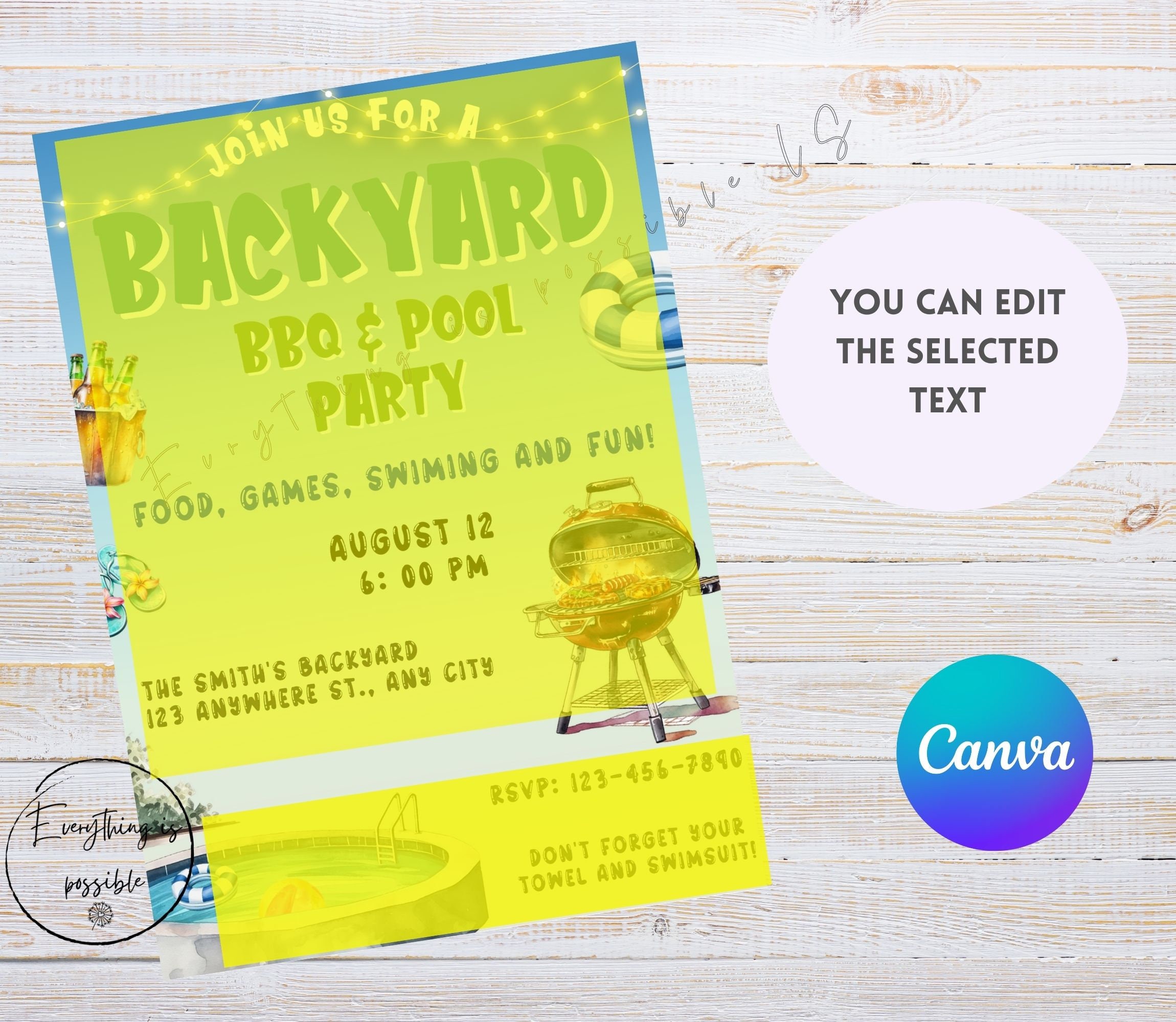 BBQ and Pool Party Printable Invitation, Summer Party Invite, Digital ...