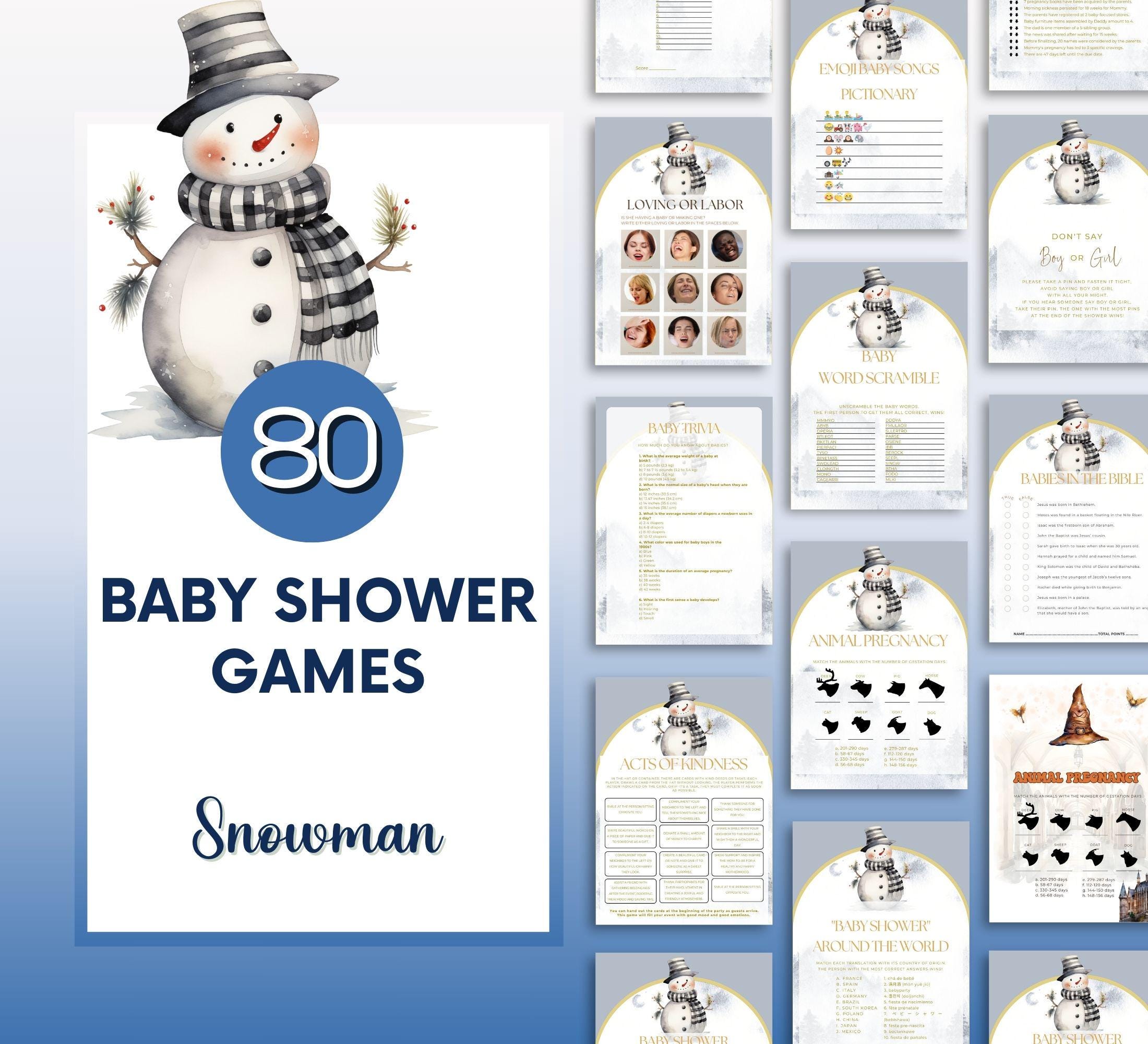 Snowman Baby Shower Games Bundle, Printable Christmas Baby Shower Games ...