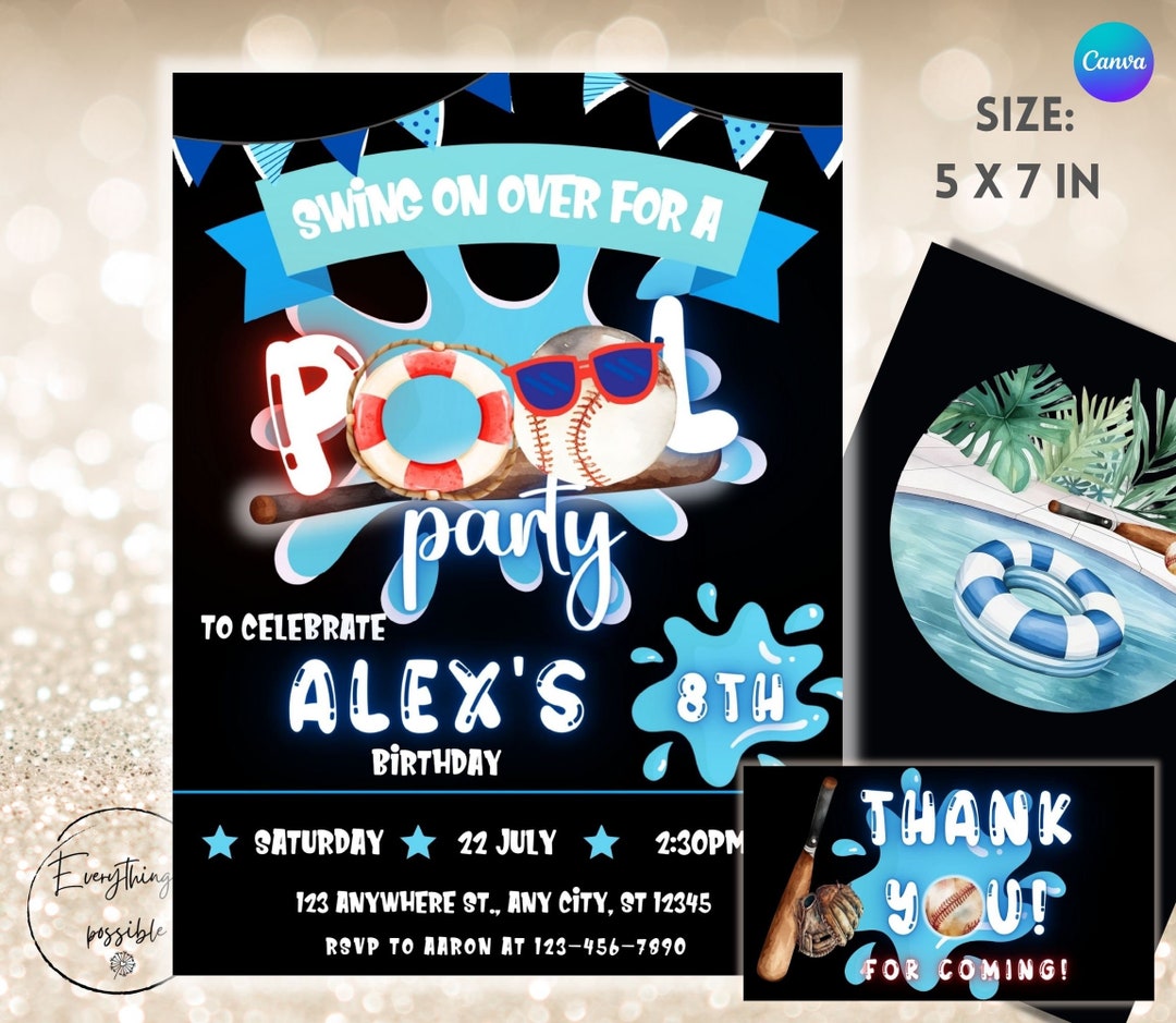 Baseball Pool Party Invitation, Splash Kids Birthday Invitation, Summer ...