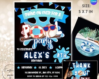 Editable Baseball Pool Party Invitation Invite Digital 5x7 Kids ...
