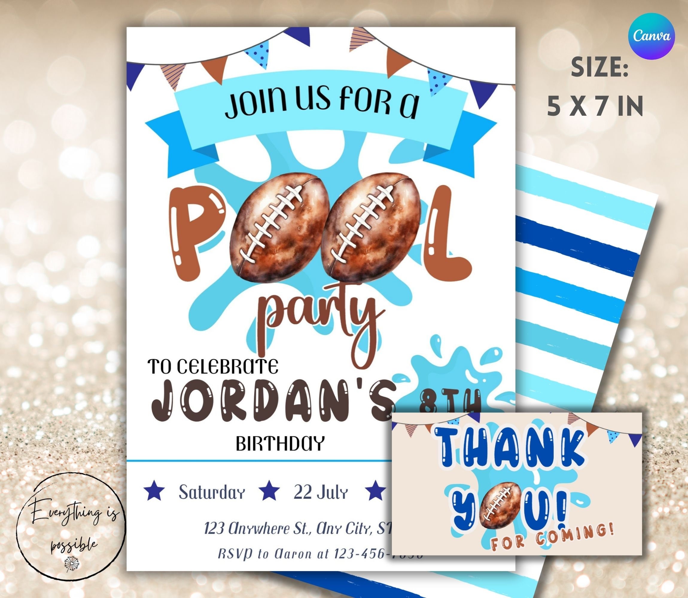 American Football Pool Party Invitation, Sport Invitation, Kids ...