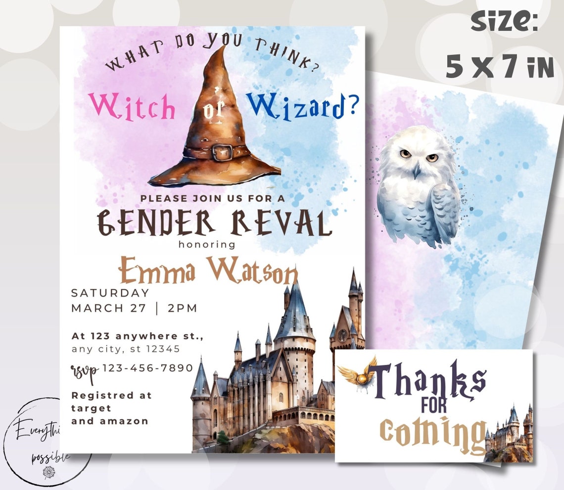 Editable Witch or Wizard Gender Reveal Invitation Magical Invite Boy or ...
