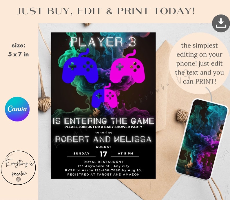 Neon Gamer Gender Reveal Invitation, Gaming Baby Shower, Player Gender ...