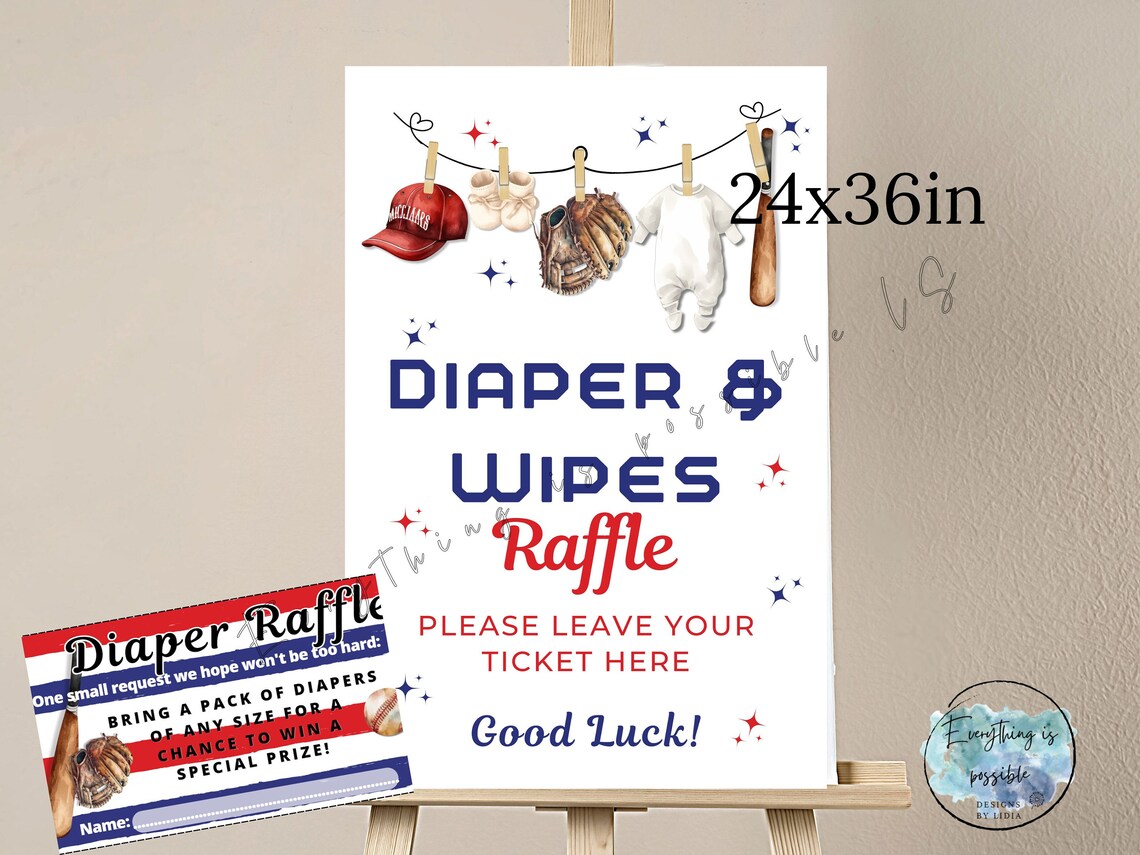 Baseball Baby Shower Diper Raffel Sign, Diaper and Wipes Raffle, A ...