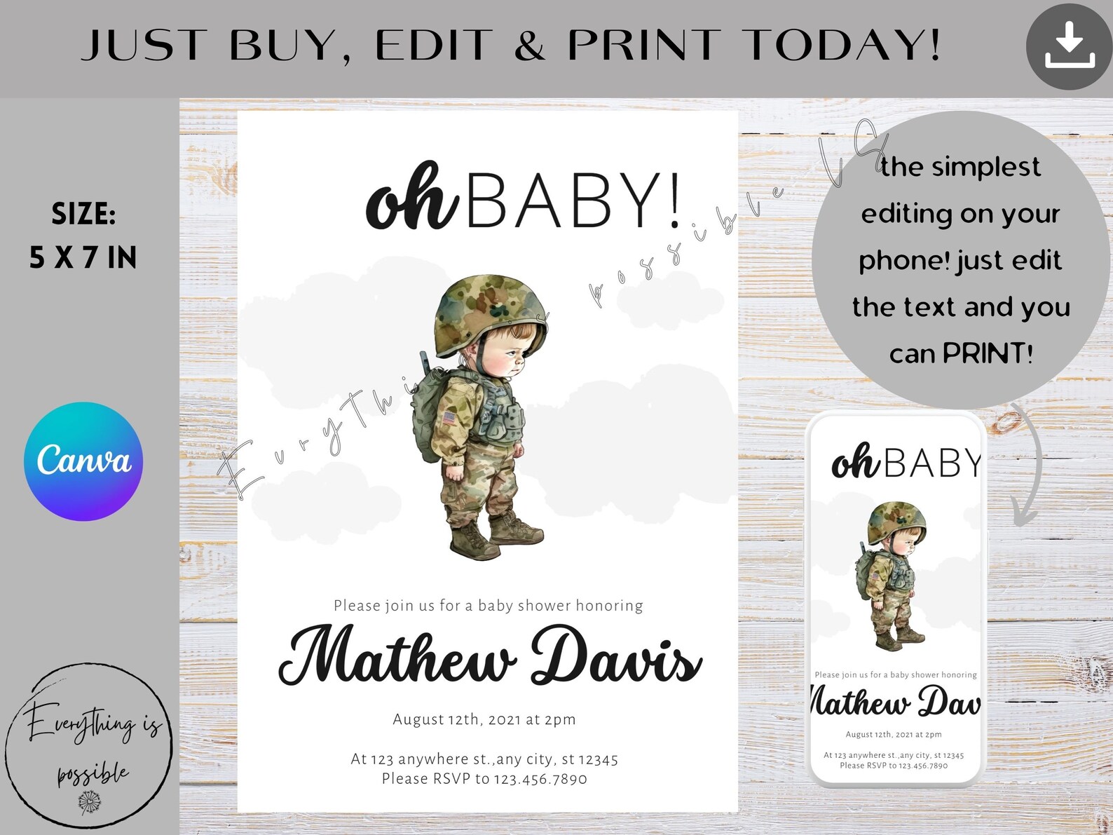 Army Themed Baby Shower Invite, Military Baby Shower Inviation, Camo ...