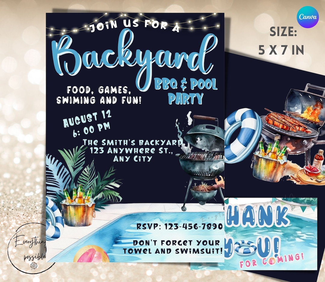 BBQ and Pool Party Printable Invitation, Summer Party Invite, Digital ...