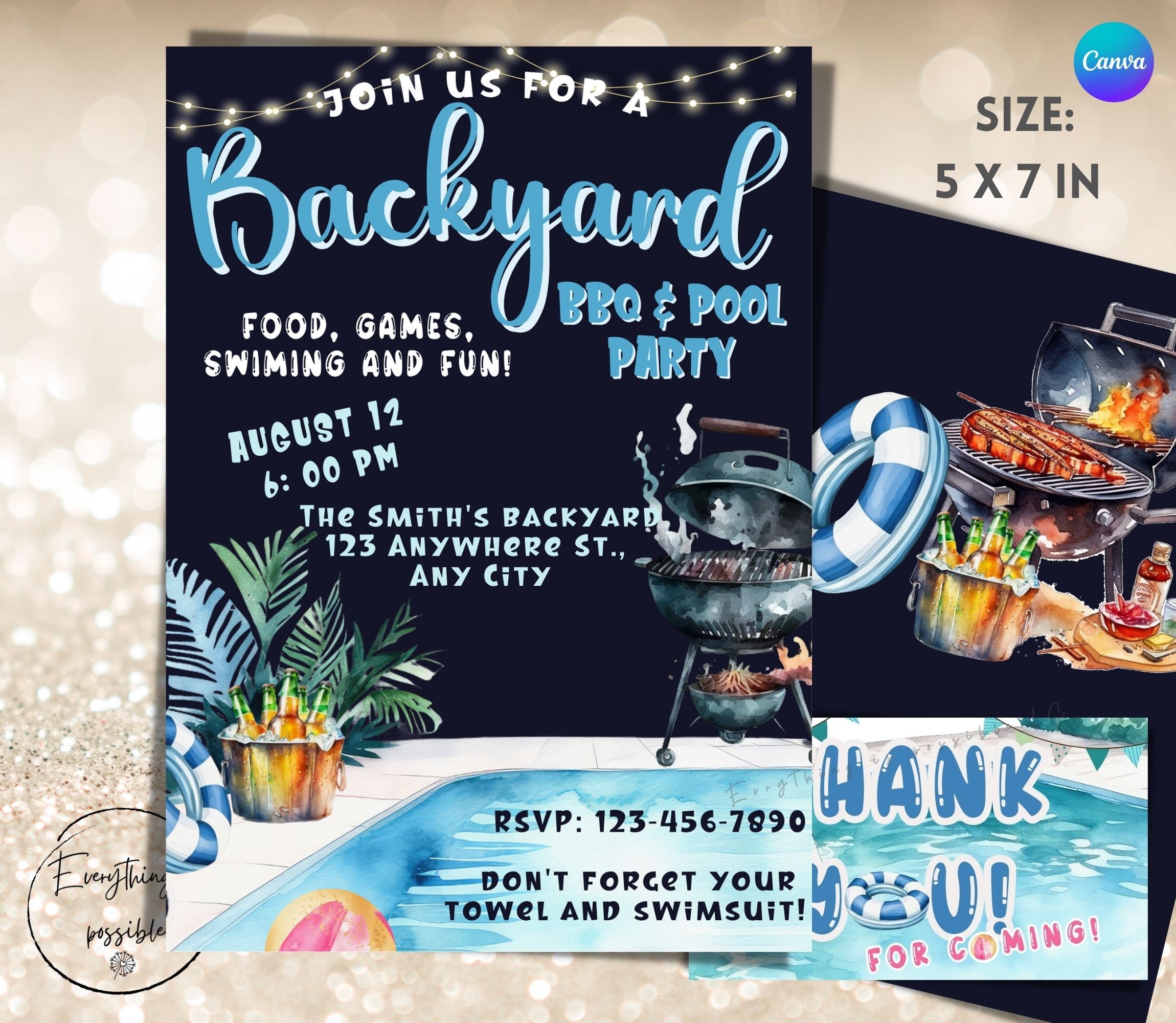 BBQ and Pool Party Printable Invitation, Summer Party Invite, Digital ...
