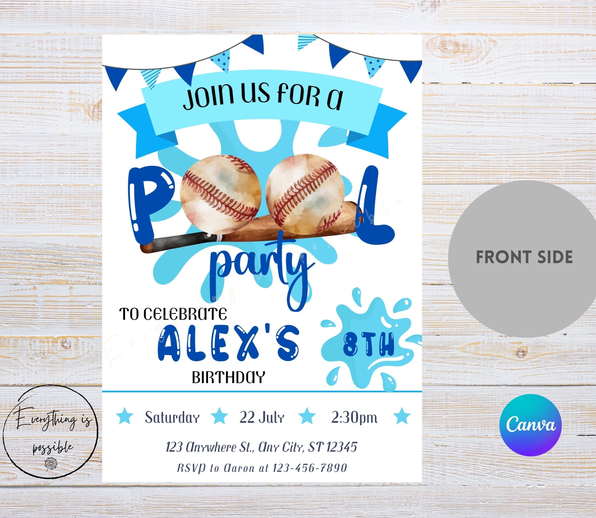Baseball Pool Party Invitation, Splash Kids Birthday Invitation, Summer ...