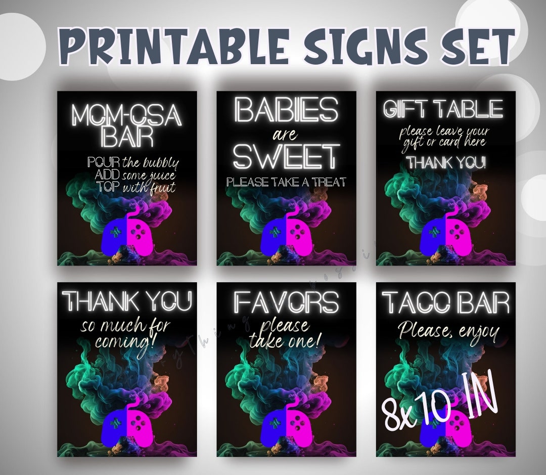 Neon Gamer Baby Shower Signs Bundle, Printable Gaming Baby Shower Food ...