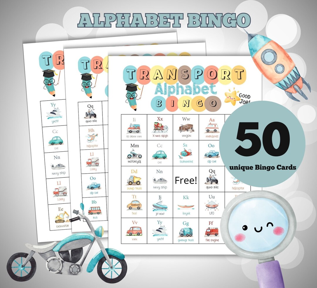 Transport Alphabet Bingo for Home School, Watercolor Car Bingo Birthday ...