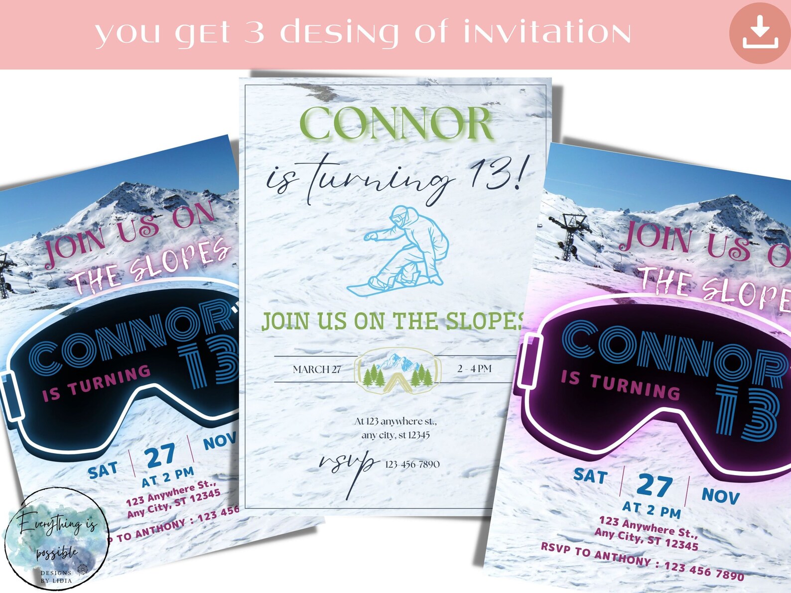 Skiing Birthday Invitation, Snowboard Invite, Aspen Ski, Teenager ...
