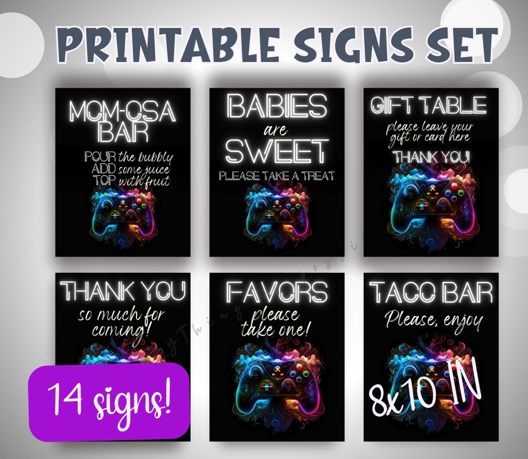Neon Gamer Baby Shower Signs Bundle, Printable Gaming Baby Shower Food ...