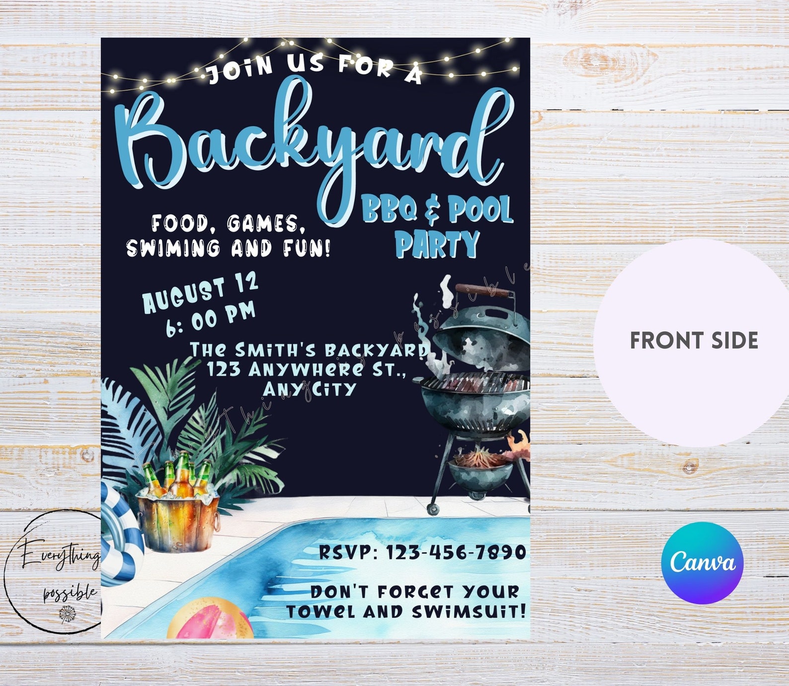 BBQ and Pool Party Printable Invitation, Summer Party Invite, Digital ...