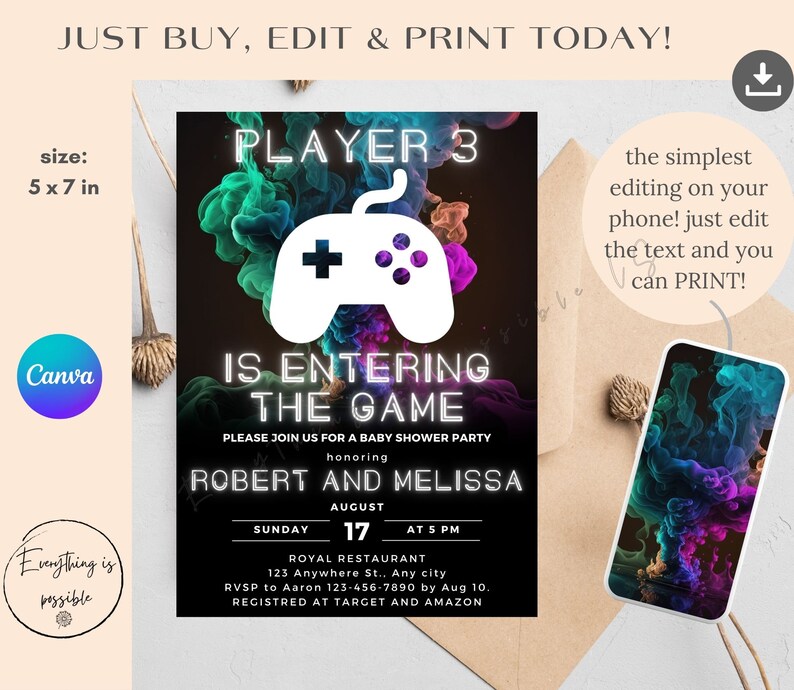 Neon Gamer Baby Shower Invitation: Player 3 Reveal (5x7, Digital) - Etsy