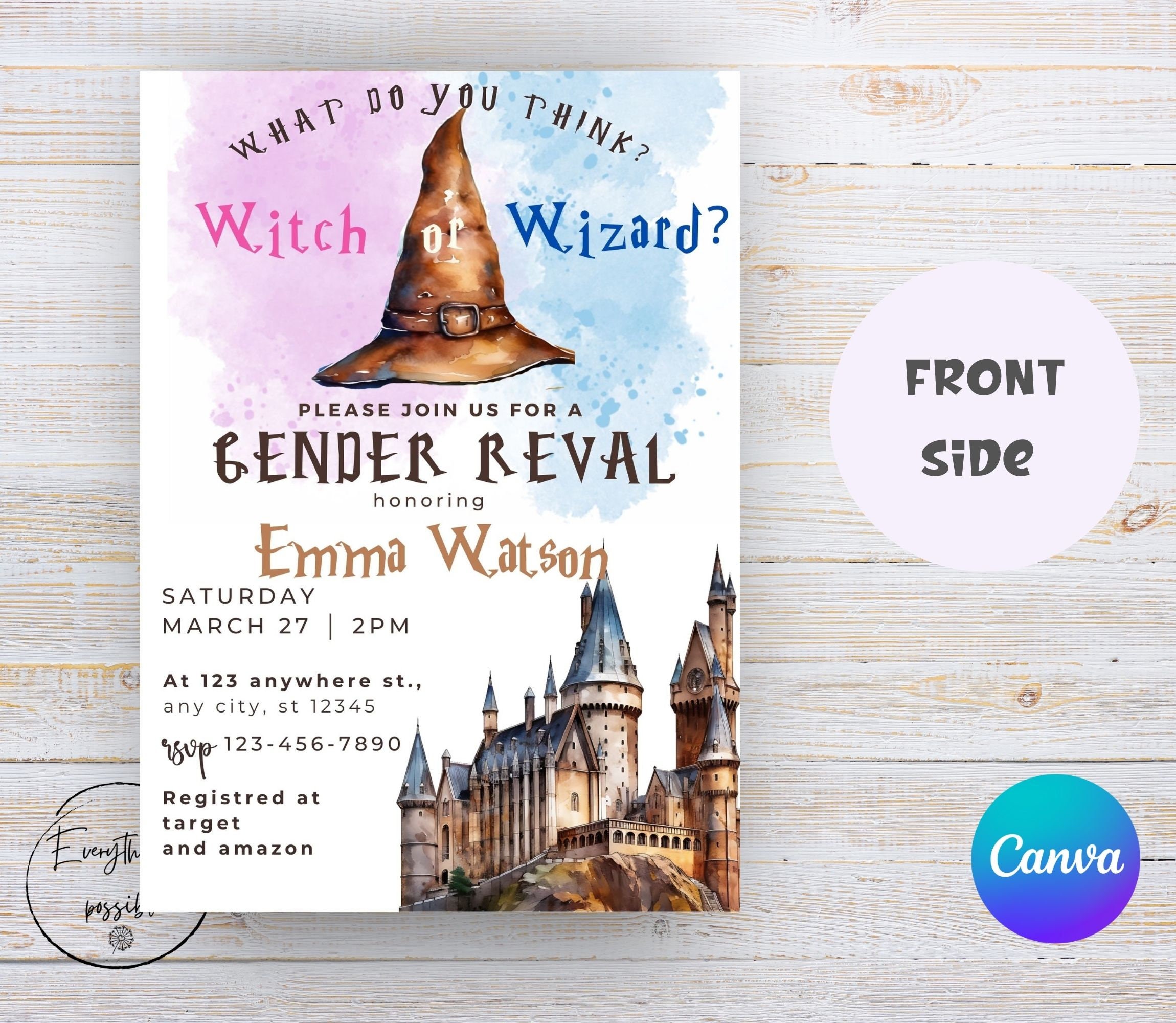 Editable Witch or Wizard Gender Reveal Invitation Magical Invite Boy or ...
