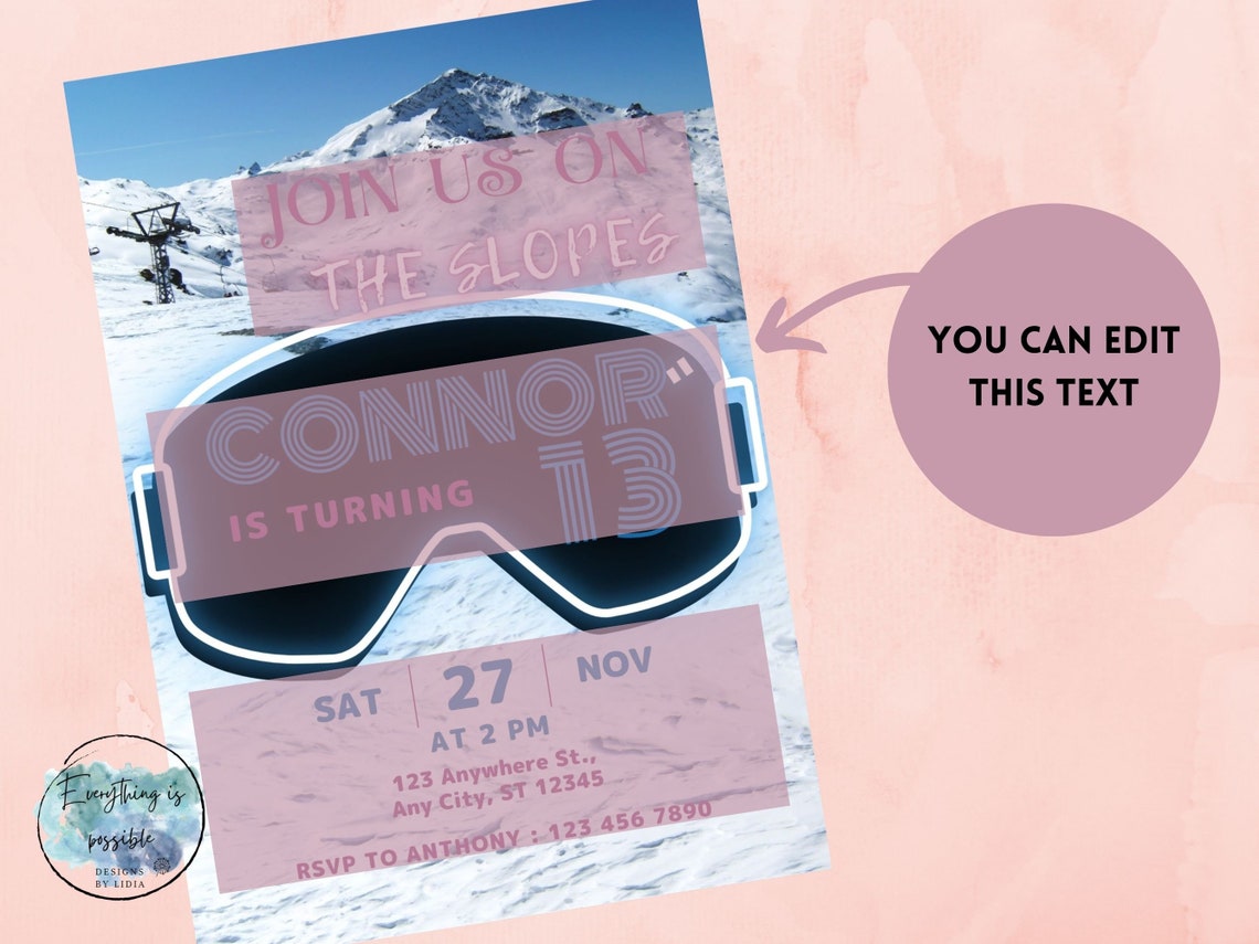 Skiing Birthday Invitation, Snowboard Invite, Aspen Ski, Teenager ...