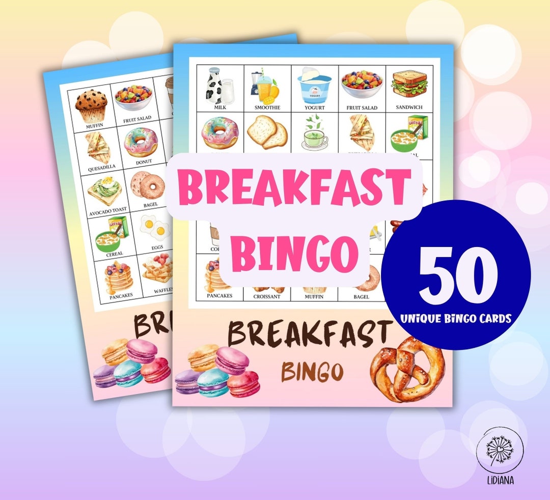 50 Breakfast Bingo Cards Printable Game, Sunday Brunch Bingo Board Game ...