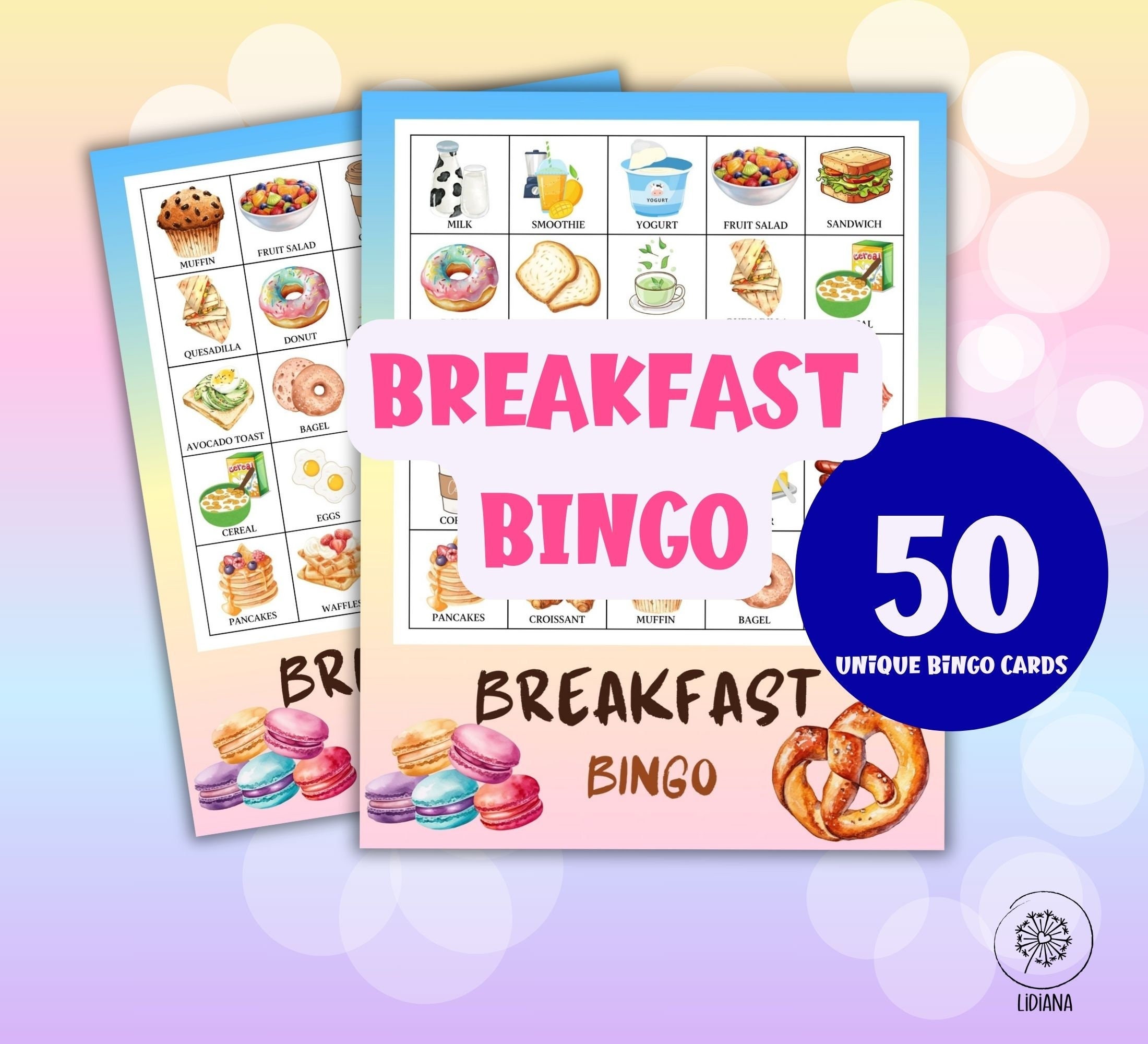 50 Breakfast Bingo Cards Printable Game, Sunday Brunch Bingo Board Game ...