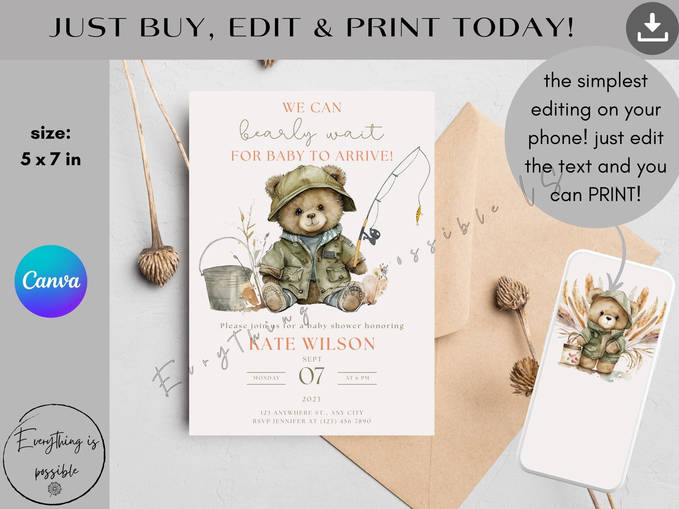 Fishing Teddy Bear Baby Shower Invitation Fish Baby Shower - Etsy