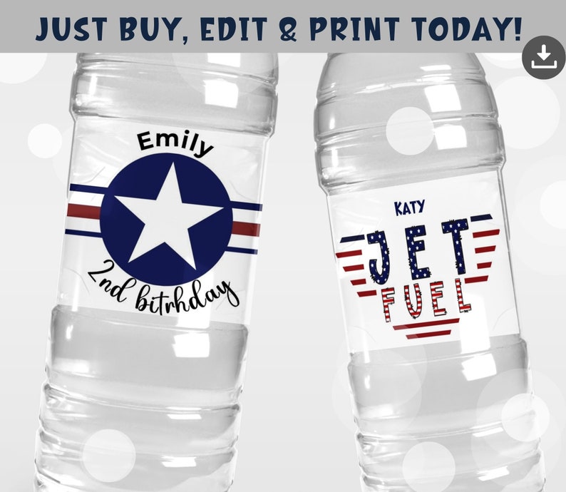 Editable Fighter Pilot Water Bottle Labels Jet Fuel Labels Boy Birthday ...