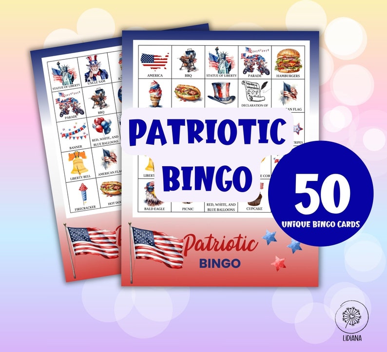 50 Patriotic Bingo Game Cards Fun Independence Day Activity for Kids ...
