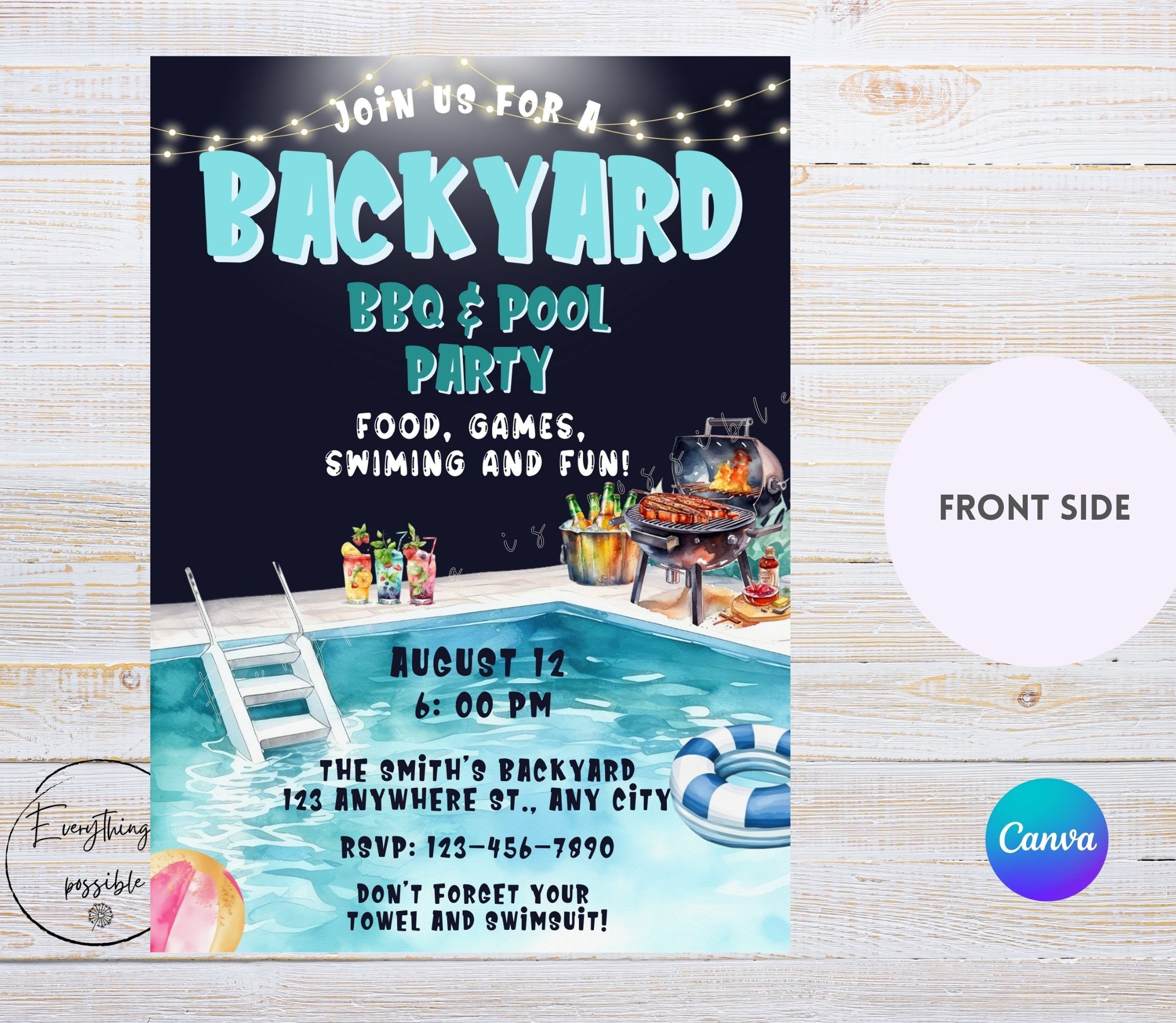 BBQ and Pool Party Printable Invitation, Summer Party Invite, Digital ...