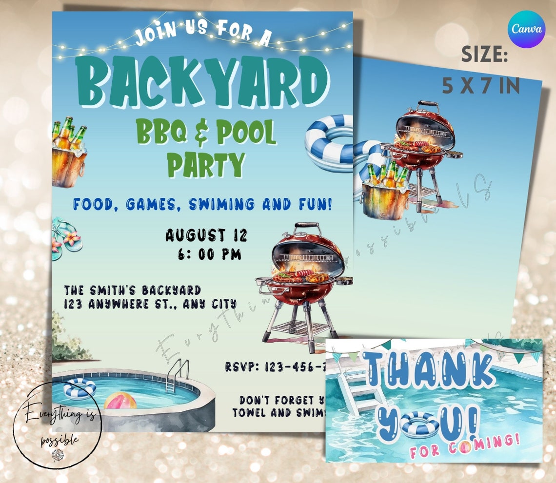 BBQ and Pool Party Printable Invitation, Summer Party Invite, Digital ...