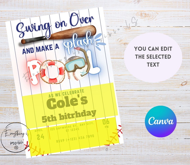 Baseball Pool Party Invitation Splash Kids Birthday - Etsy