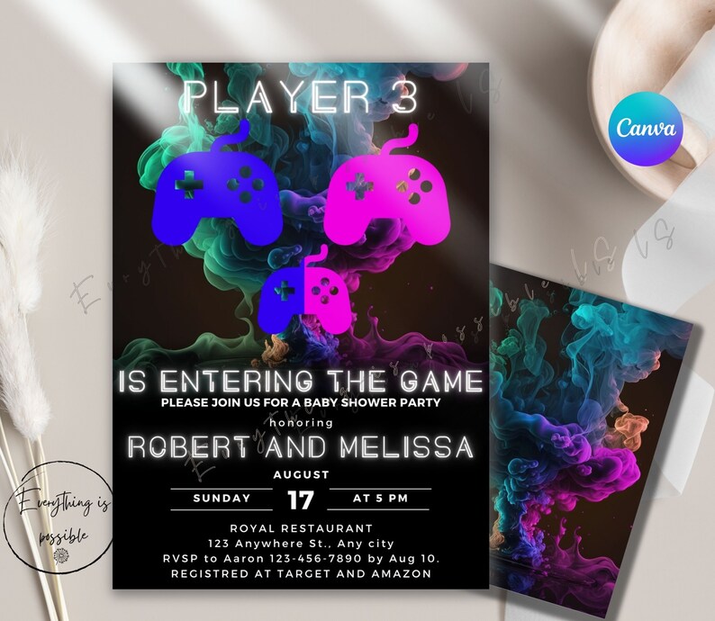 Neon Gamer Gender Reveal Invitation, Gaming Baby Shower, Player Gender ...
