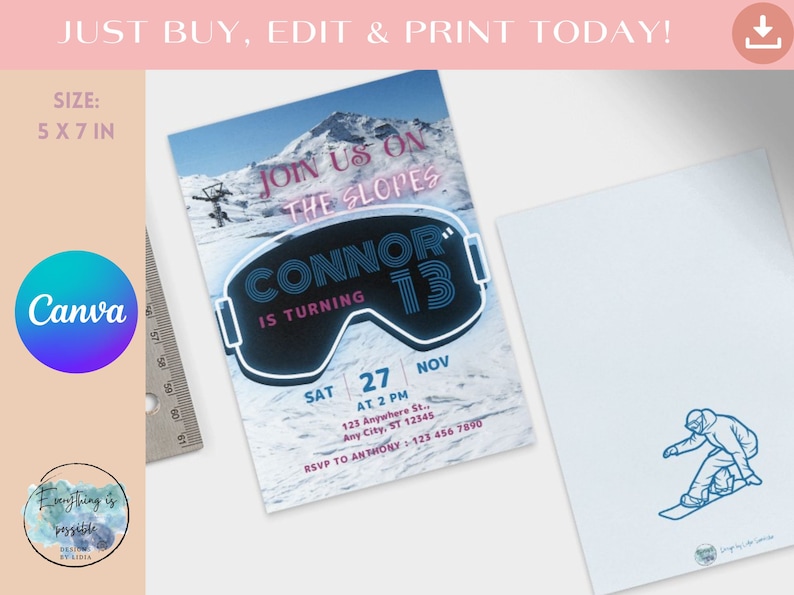 Skiing Birthday Invitation, Snowboard Invite, Aspen Ski, Teenager ...