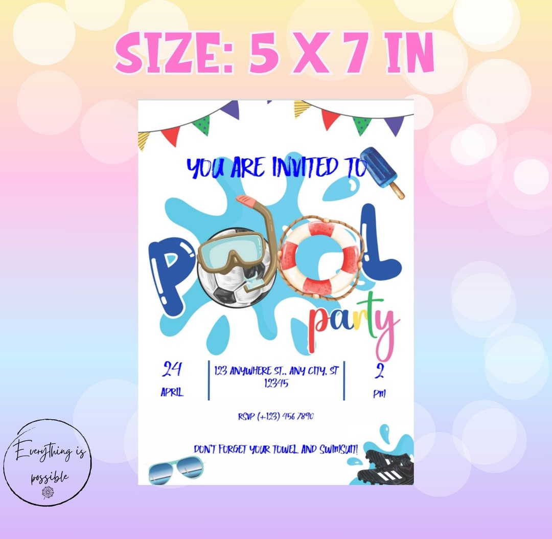 Editable Soccer Pool Party Invitation Sports Summer Pool Party Sports ...